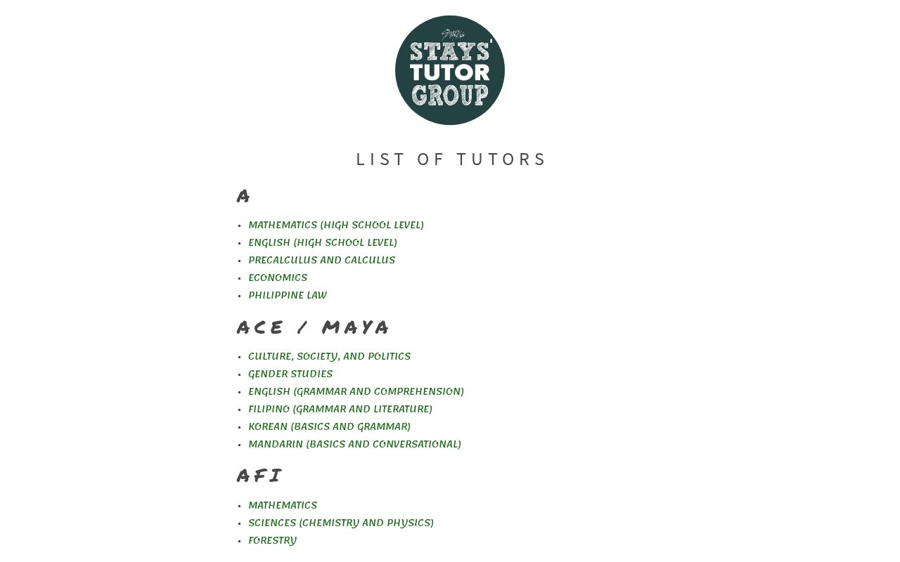Stays' Tutor Group Tutor List